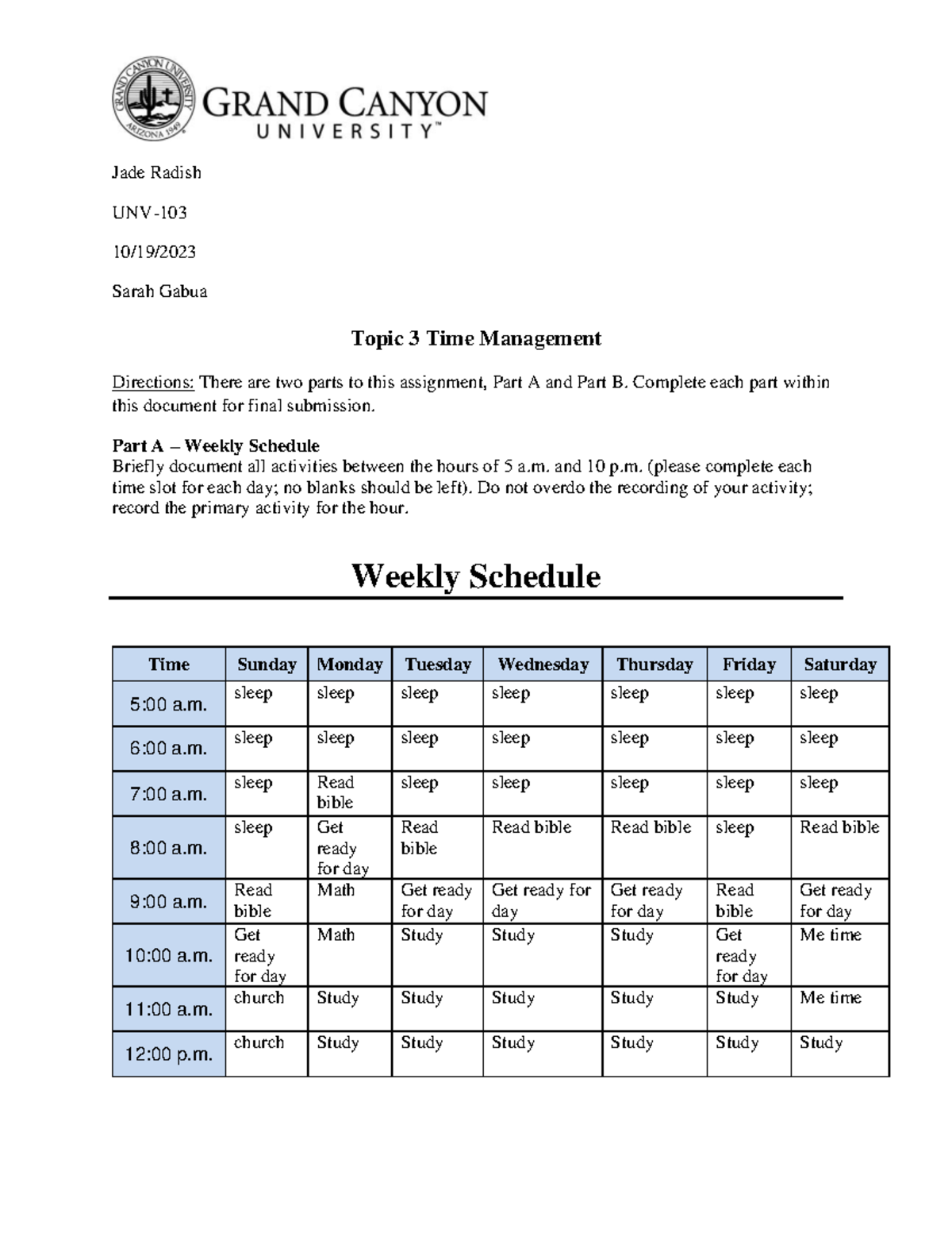 UNV-103-RS-T3 Time Management - Jade Radish UNV- 103 10/19/ Sarah Gabua ...