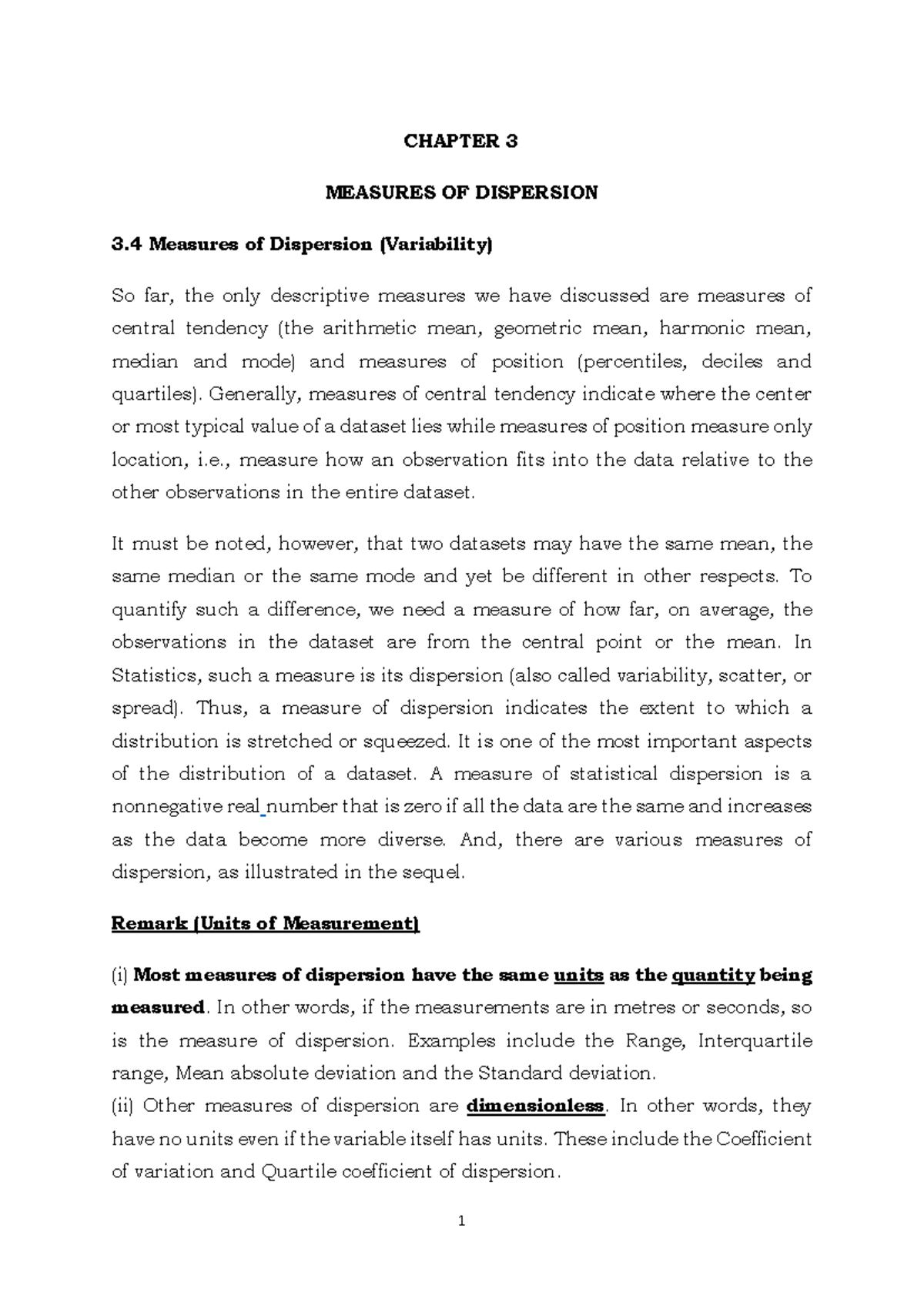 Dispersion Measures - CHAPTER 3 MEASURES OF DISPERSION 3 Measures of ...
