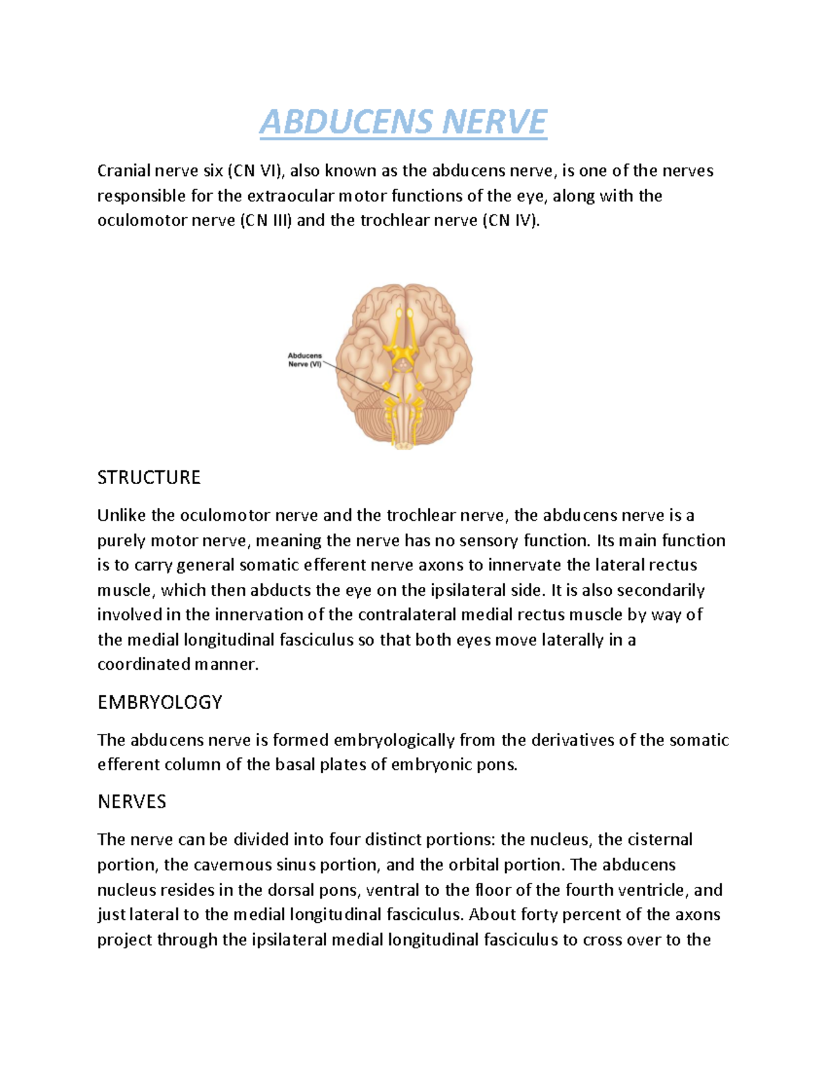 Abducens Nerve - ABDUCENS NERVE Cranial nerve six (CN VI), also known ...