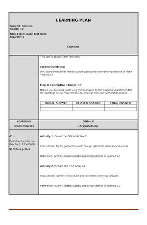 Learning-Plan-G9Q2-U1 - DONE - LEARNING PLAN Subject: Science Grade: 9 Unit Topic: Chemical ...