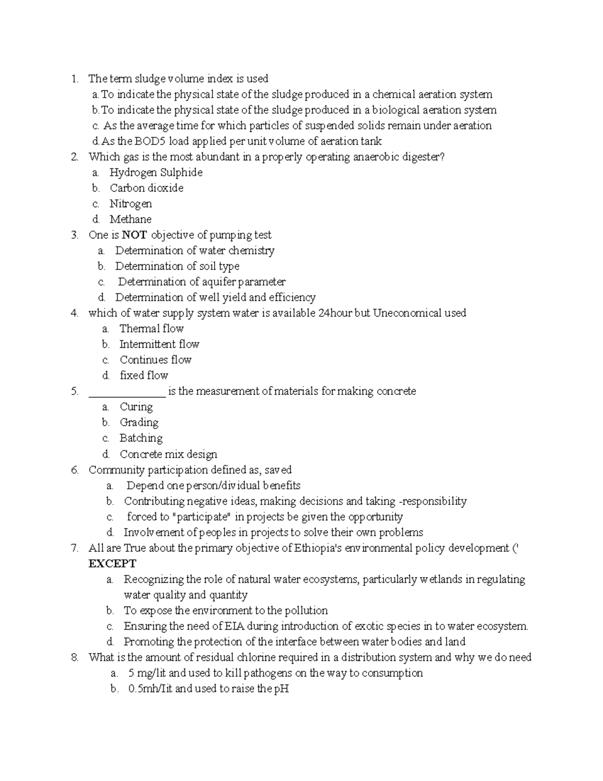 Model Exist Exam WSEE (Mo E) 2015 E - The term sludge volume index is used a. To indicate the ...