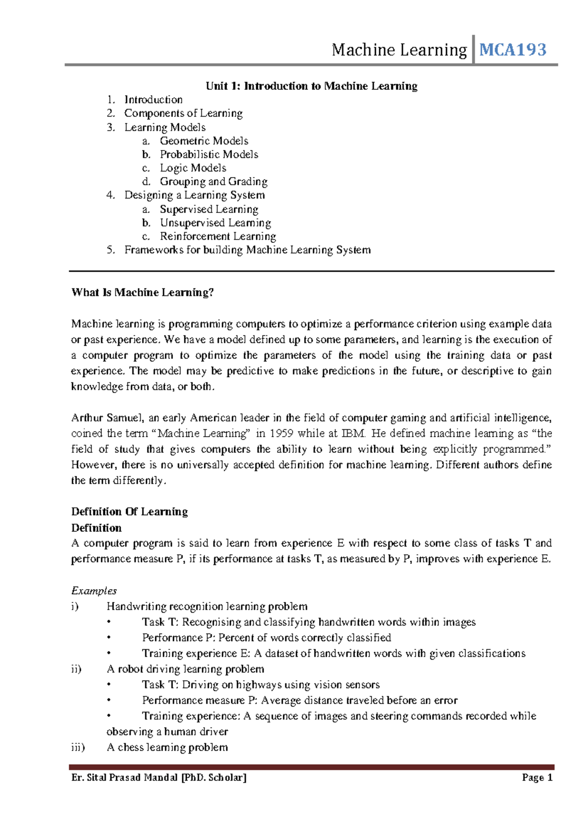 Unit 1 Unit 1 Introduction To Machine Learning 1 Introduction 2 9616