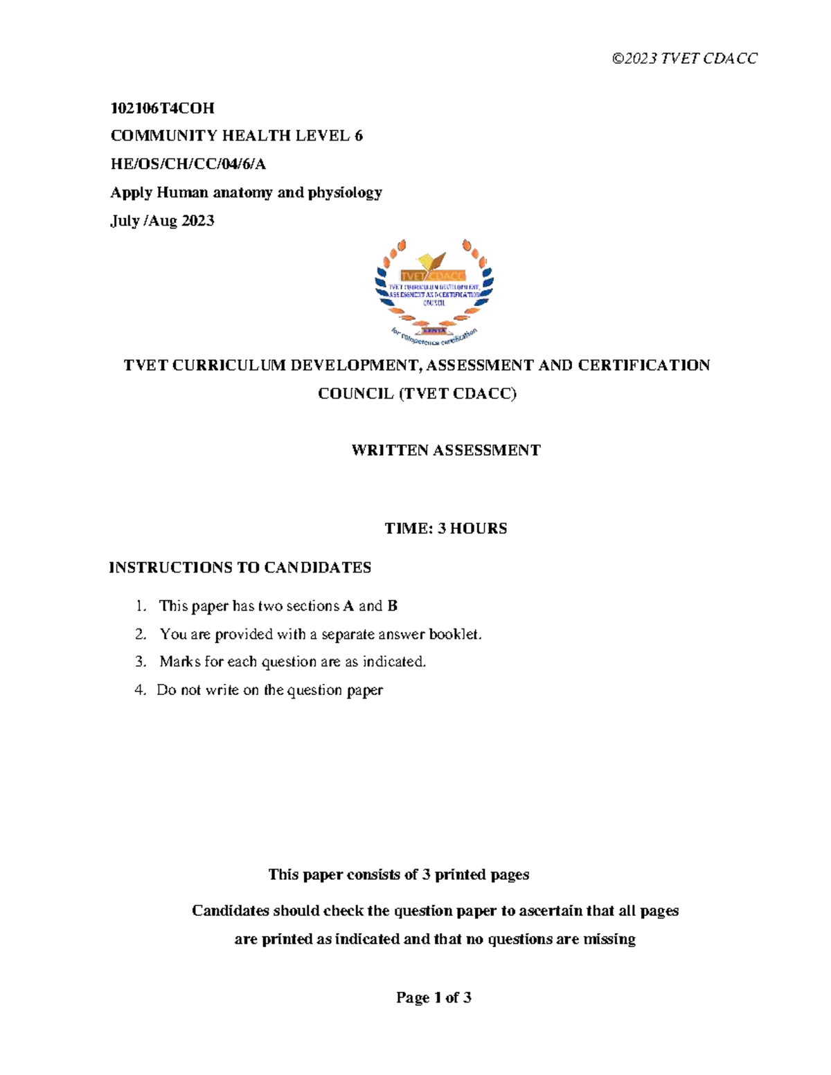 Past Paper Level 6 July August 2023 Apply human anatomy and physiology ...