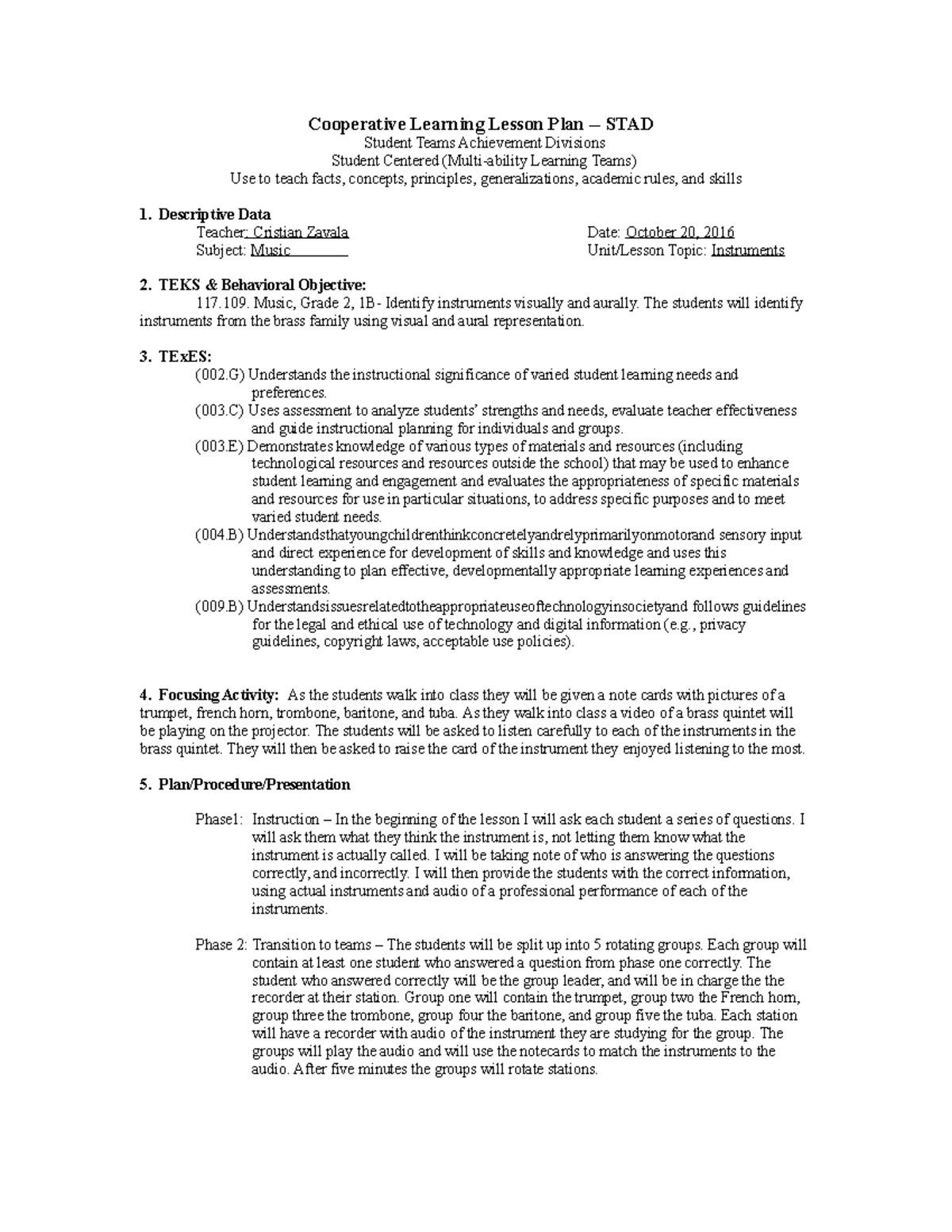 STAD Lesson Plan - Cooperative Learning Lesson Plan - STAD Student ...