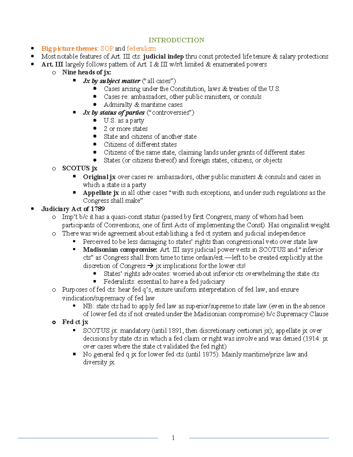 S16 Fed Cts Outline (Golove) - INTRODUCTION Big picture themes: SOP and ...