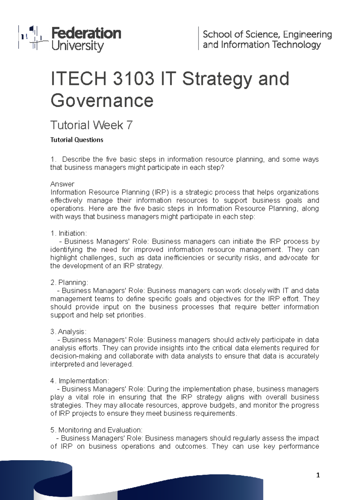Itech 3103 Tutorial Week 7 - ITECH 3103 IT Strategy and Governance ...