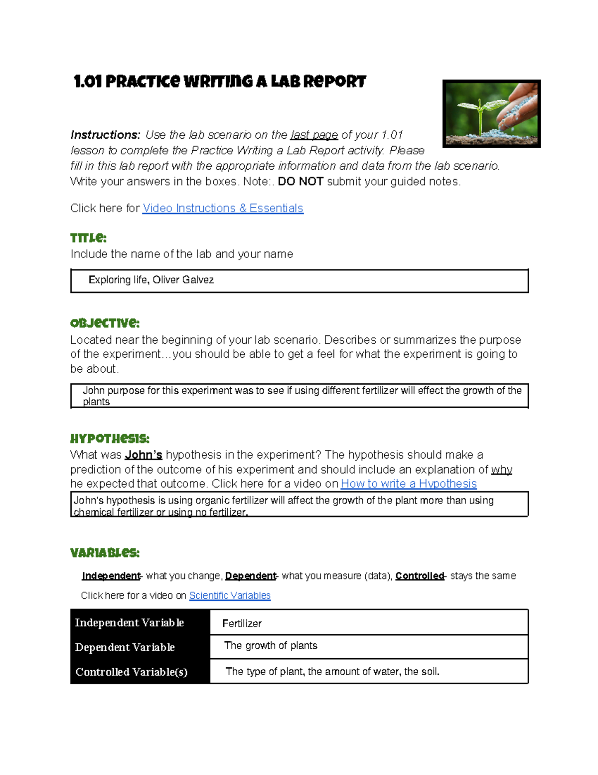 1.01 assignment - standard of biology - 1 Practice Writing a Lab Report ...