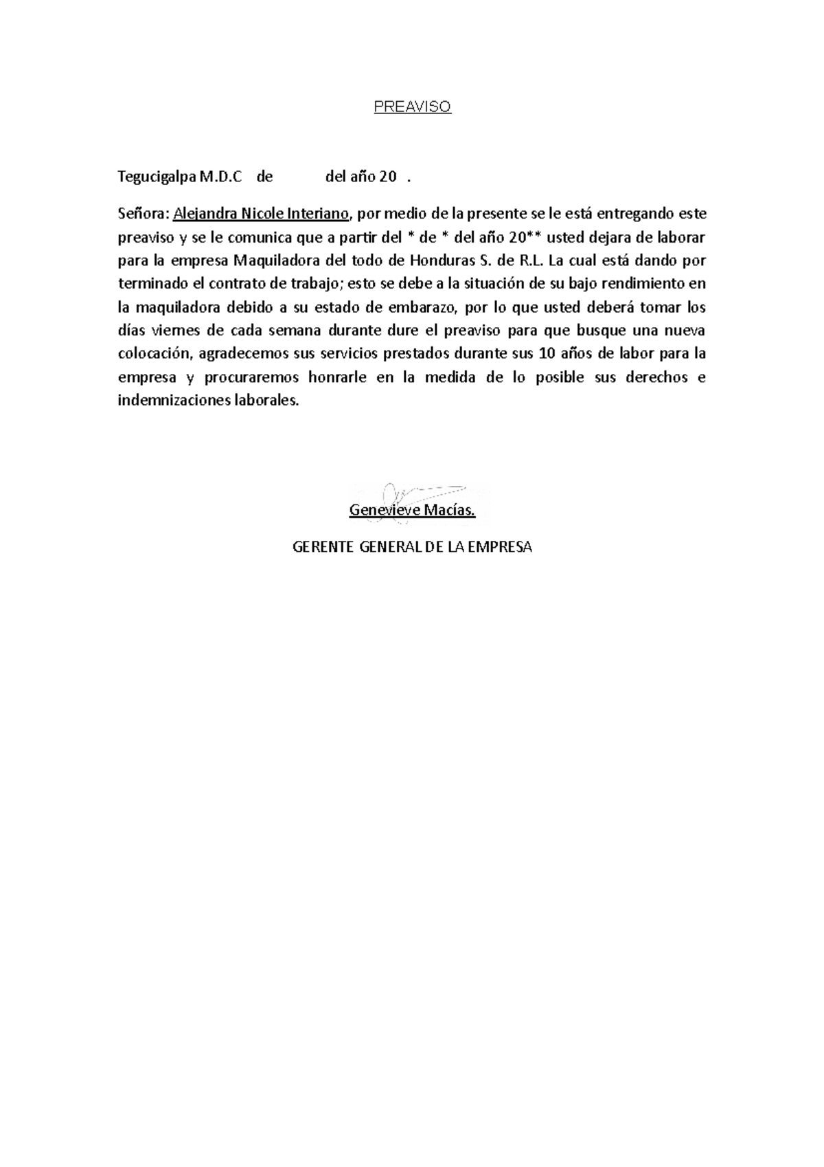 Preaviso - derecho laboral - PREAVISO Tegucigalpa M.D de del año 20 ...