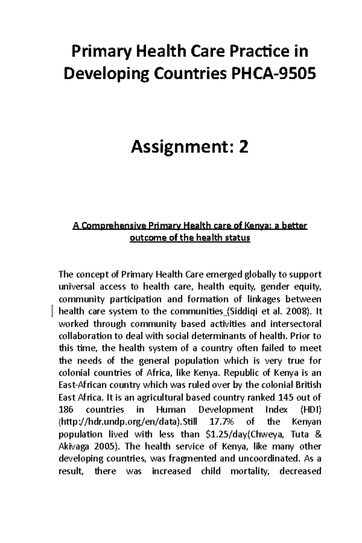 PHCA 9505 Assignment 2 - Primary Health Care Practice in Developing ...