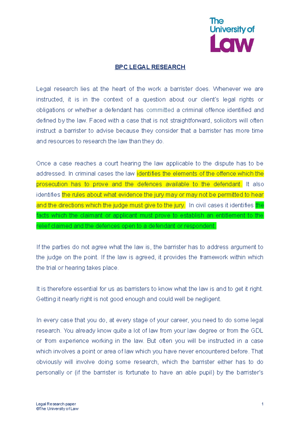 legal research paper - BPC LEGAL RESEARCH Legal research lies at the ...