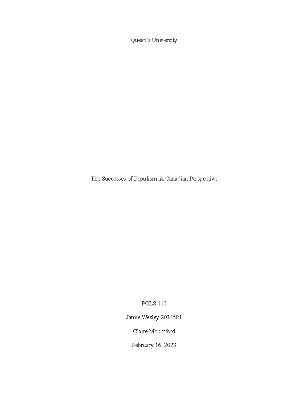 The Successes of Populism A Canadian Perspective Essay - Queen’s ...