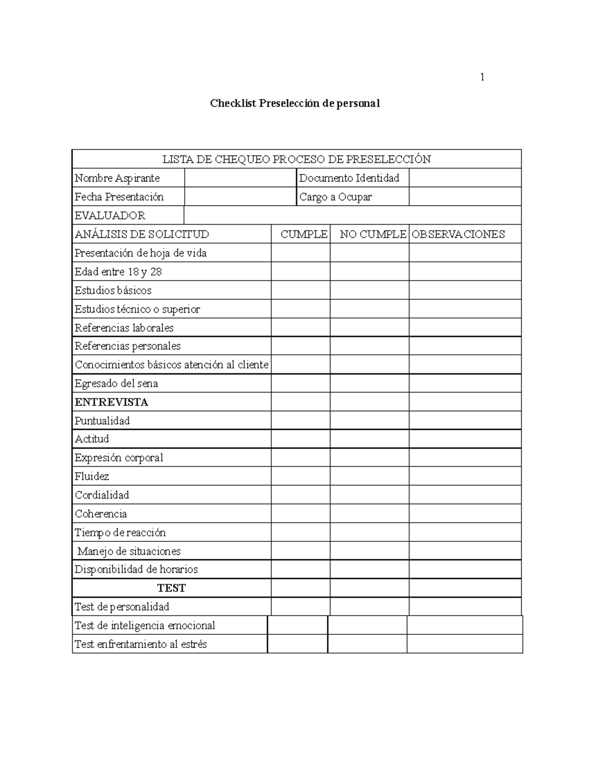 Checklist Diego wester - 1 Checklist Preselección de personal LISTA DE ...