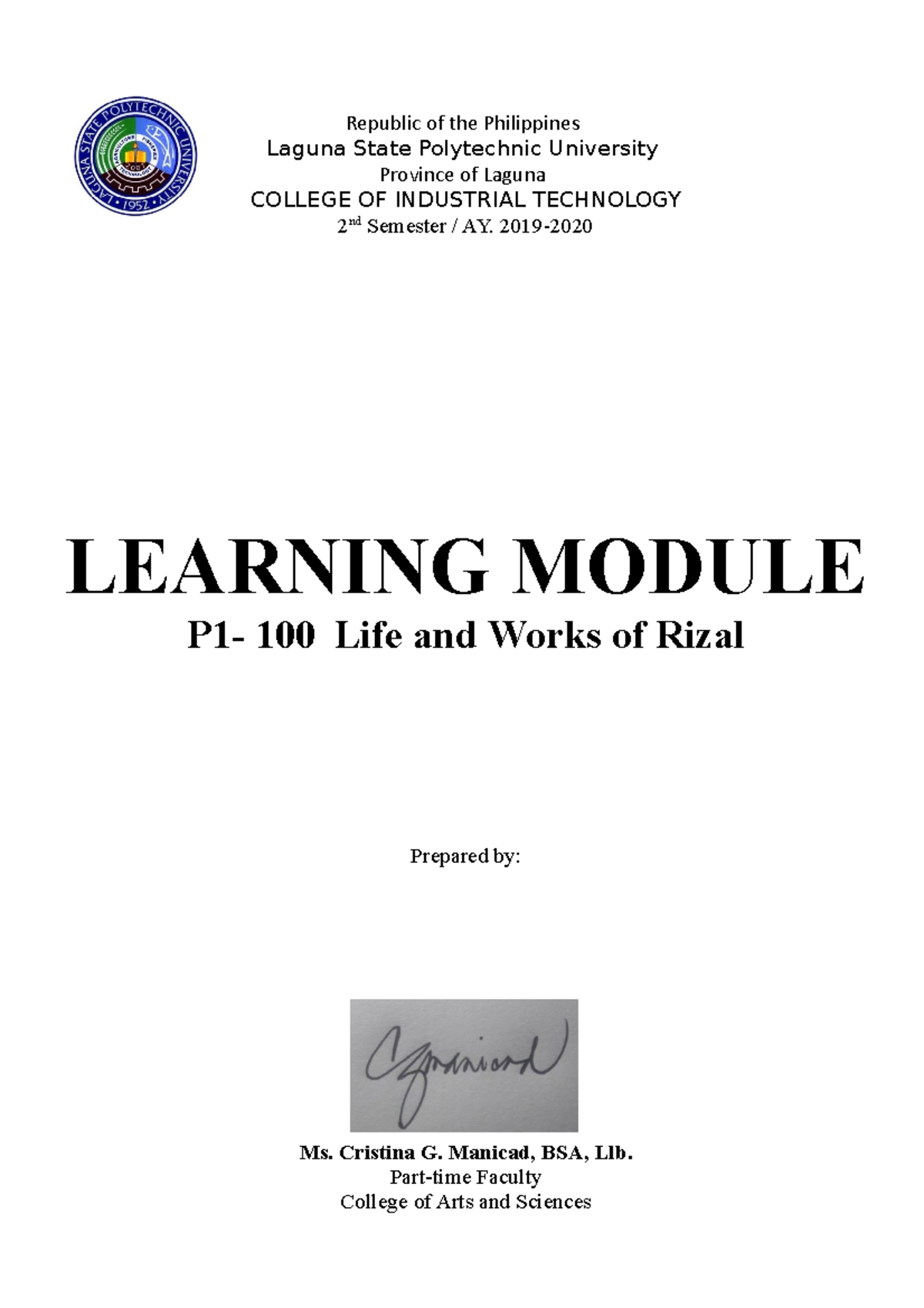 5. Life and Works of Rizal - Republic of the Philippines Laguna State ...
