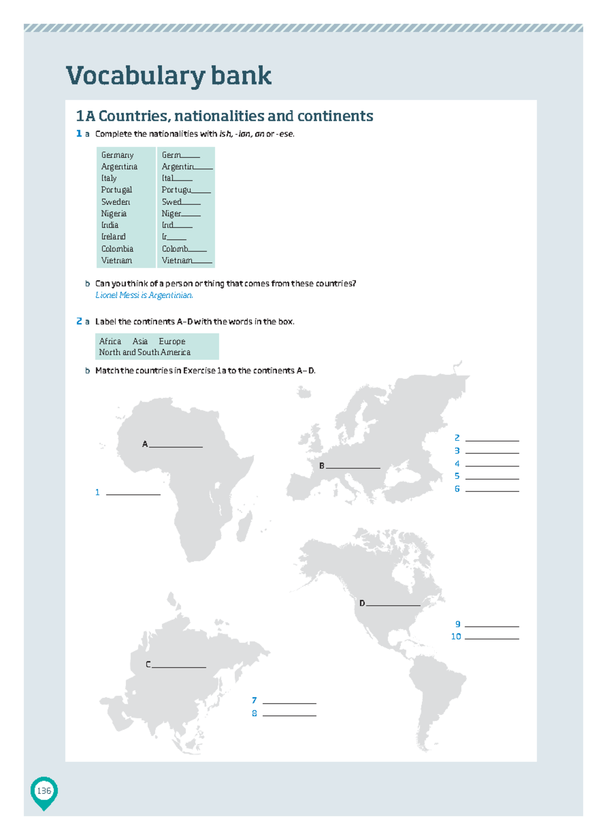 Vocab Bank - Vocabulary bank 1A Countries, nationalities and continents ...