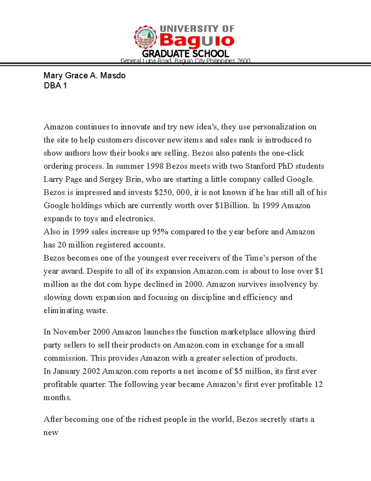Assignment on amazon empire - Mary Grace A. Masdo DBA 1 Amazon ...