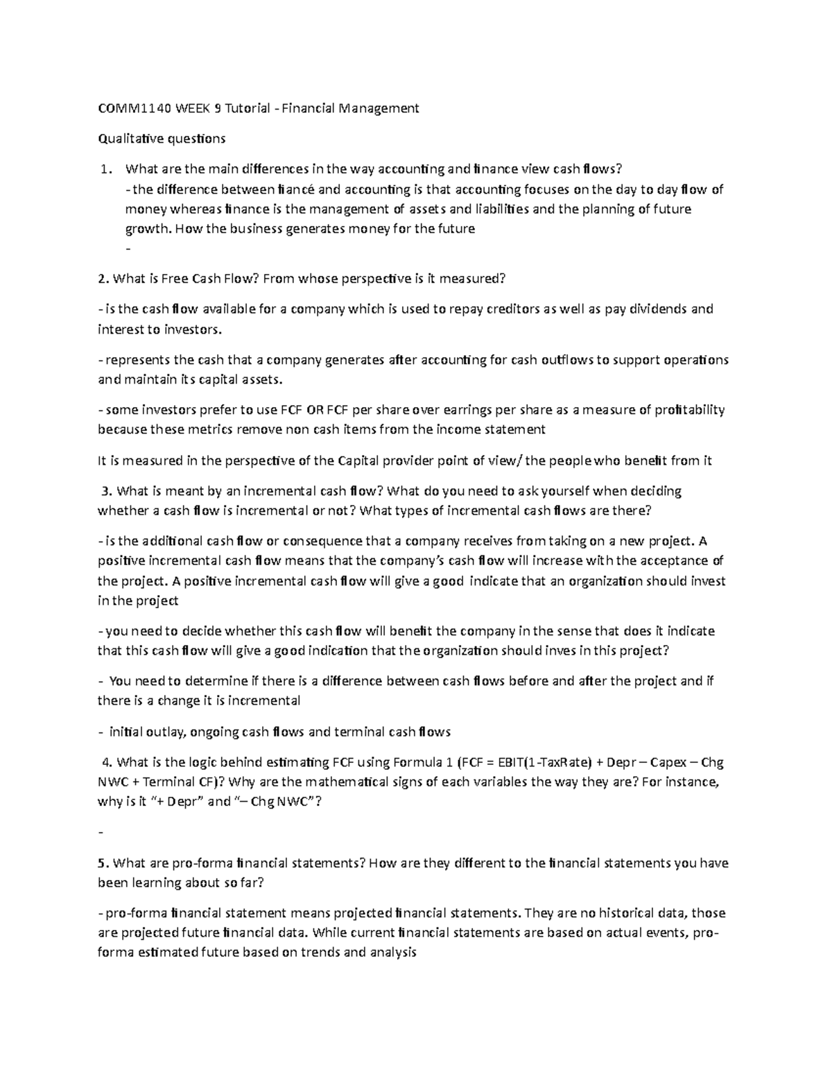 COMM1140- week 9 tutorial - COMM1140 WEEK 9 Tutorial - Financial Management Qualitative ...