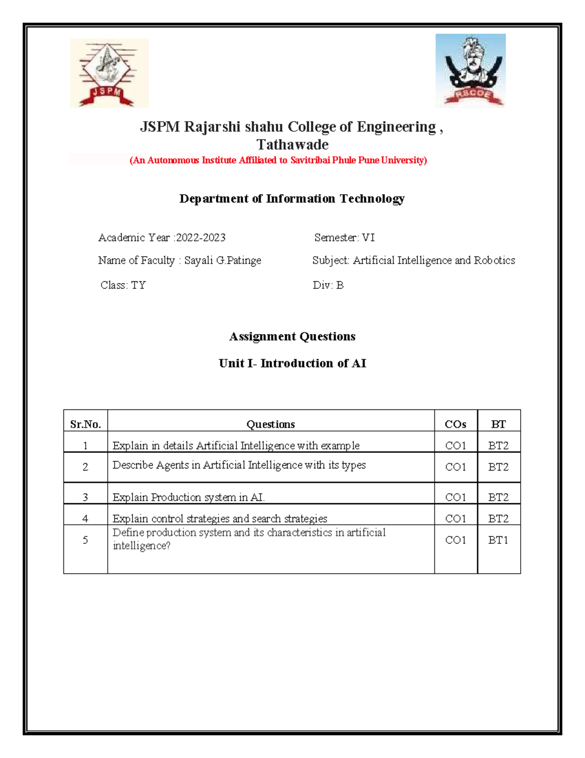 Unit 1 air - JSPM Rajarshi shahu College of Engineering , Tathawade (An ...
