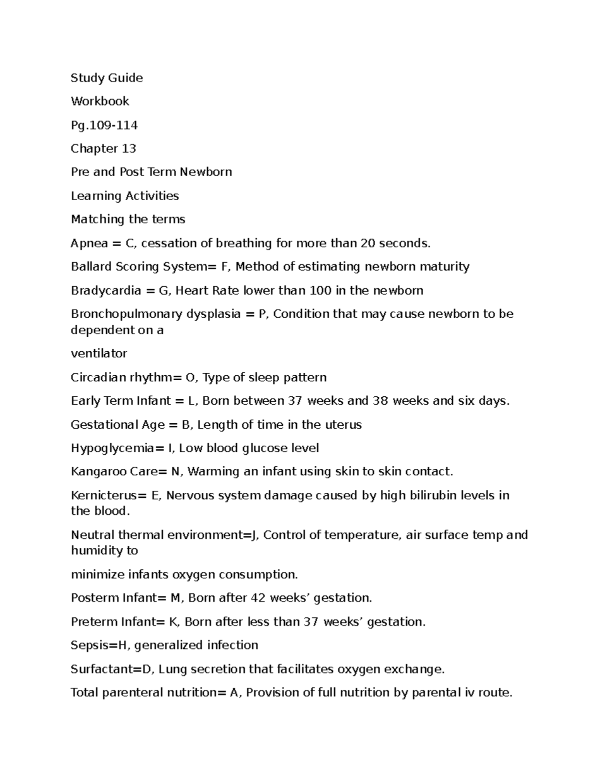 Cool - Study Guide Workbook Pg- Chapter 13 Pre and Post Term Newborn ...