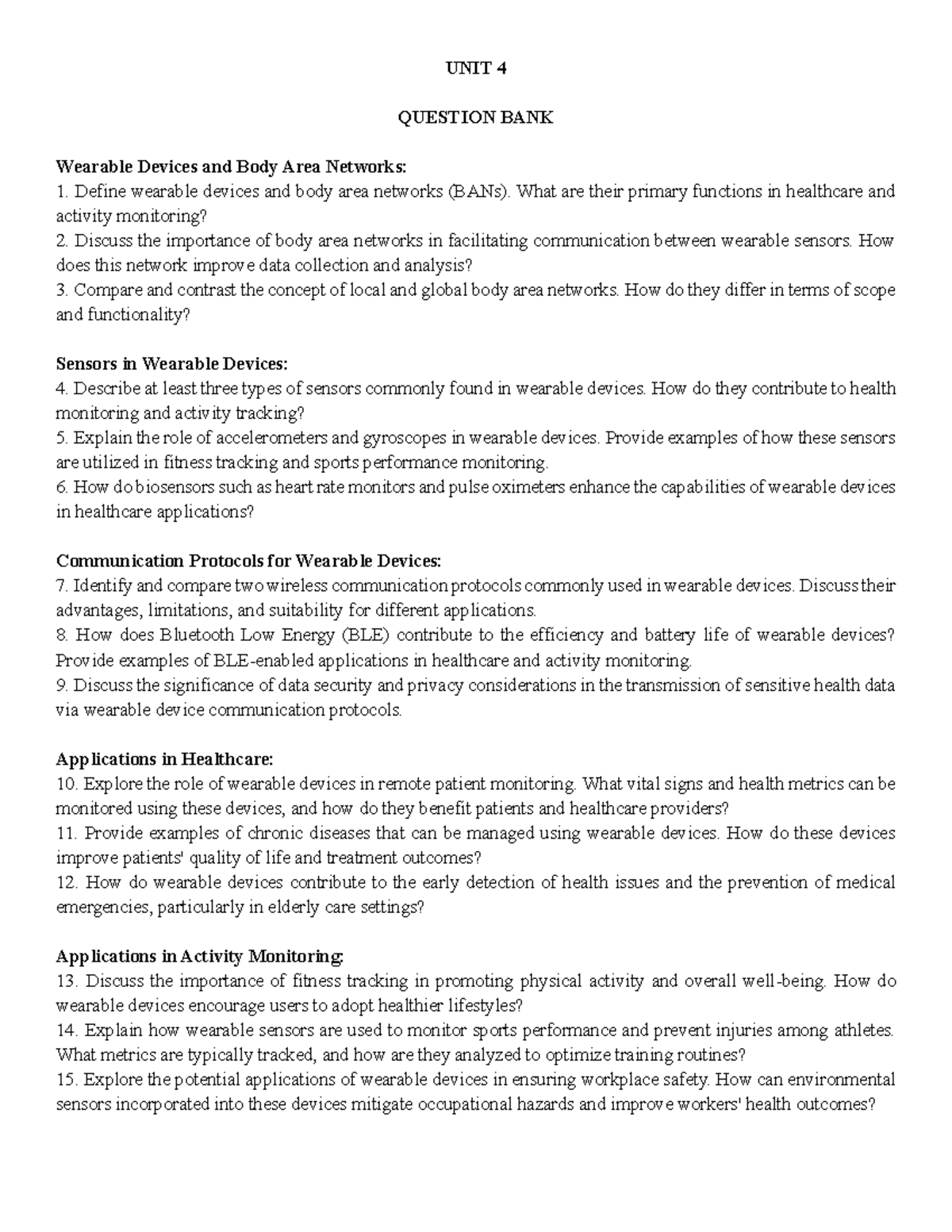 Unit 4 Question bank - Unit 4 - UNIT 4 QUESTION BANK Wearable Devices ...