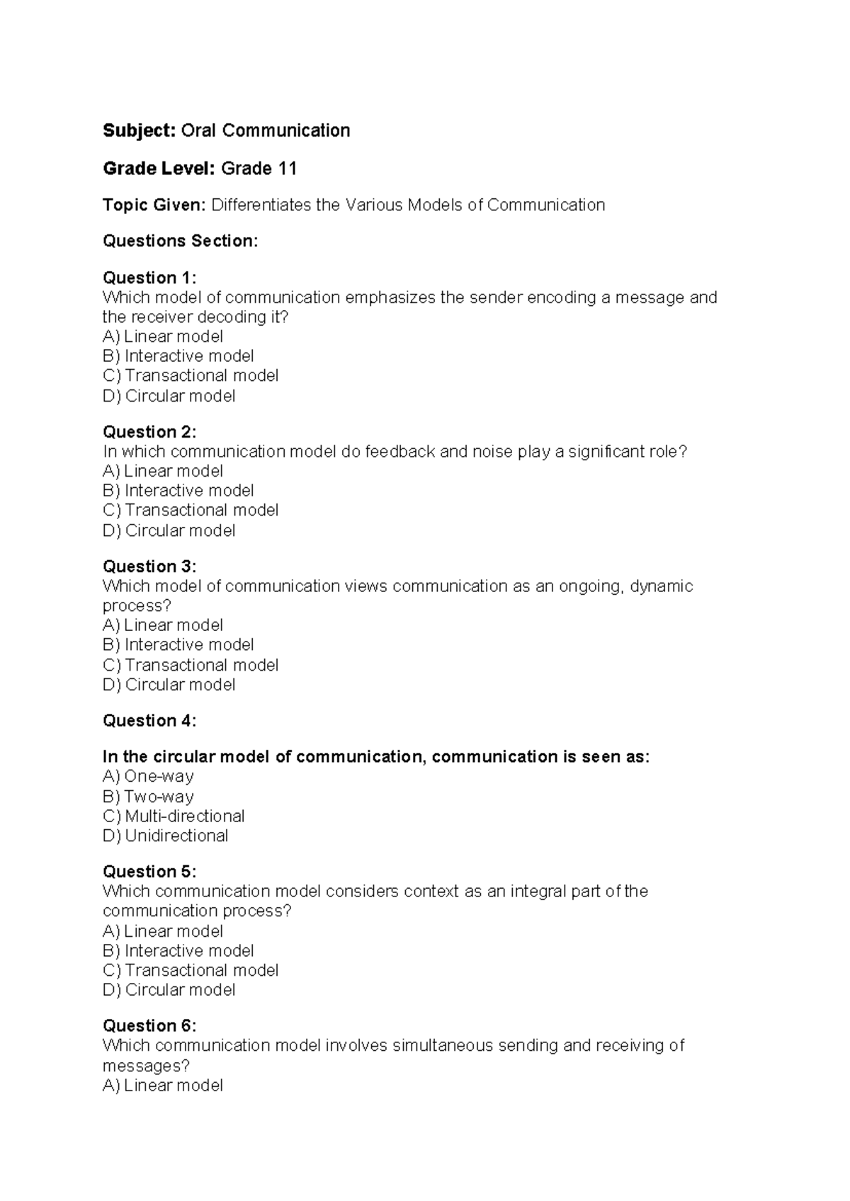 Quiz oral communication - Subject: Oral Communication Grade Level ...