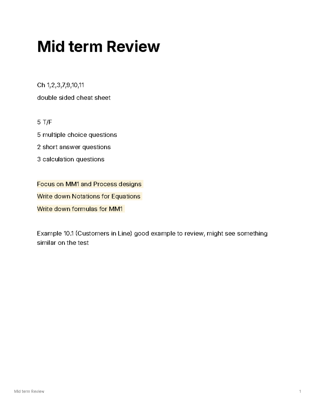 Mid term 1 Review - Mid term Review Ch 1,2,3,7,9,10, double sided cheat ...