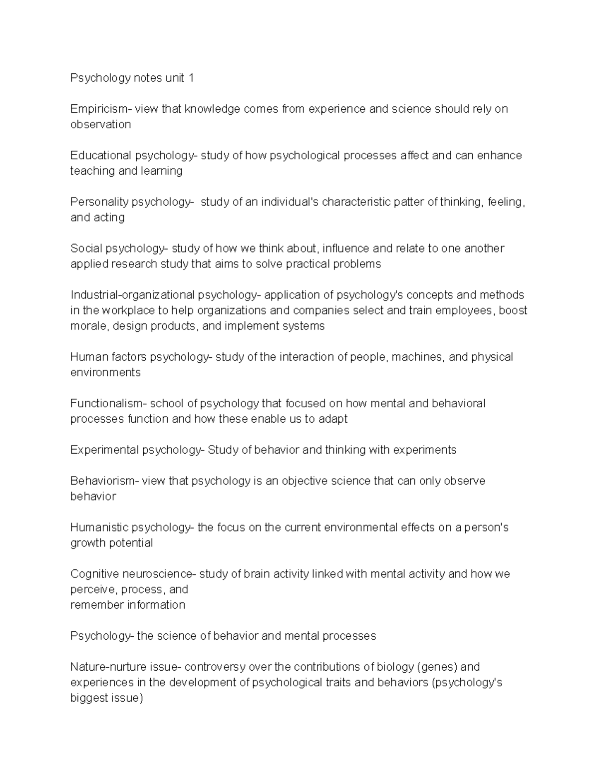 Psychology Unit 1 Notes - Psychology notes unit 1 Empiricism- view that ...