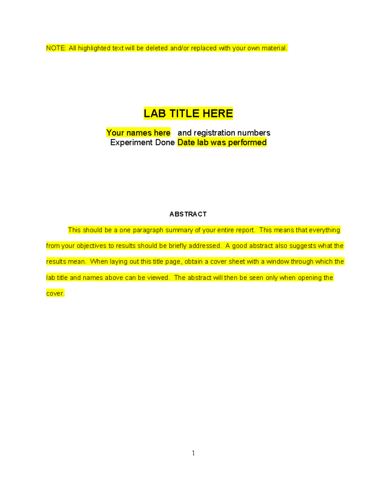 Sample Laboratory Report Template 2 - NOTE: All highlighted text will ...