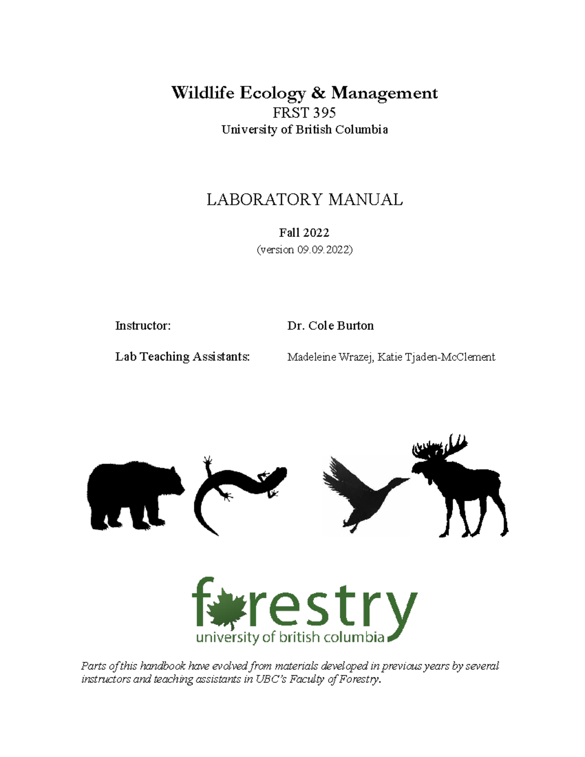 FRST395 Lab Manual 9Sep2022 - Wildlife Ecology & Management FRST 395 ...