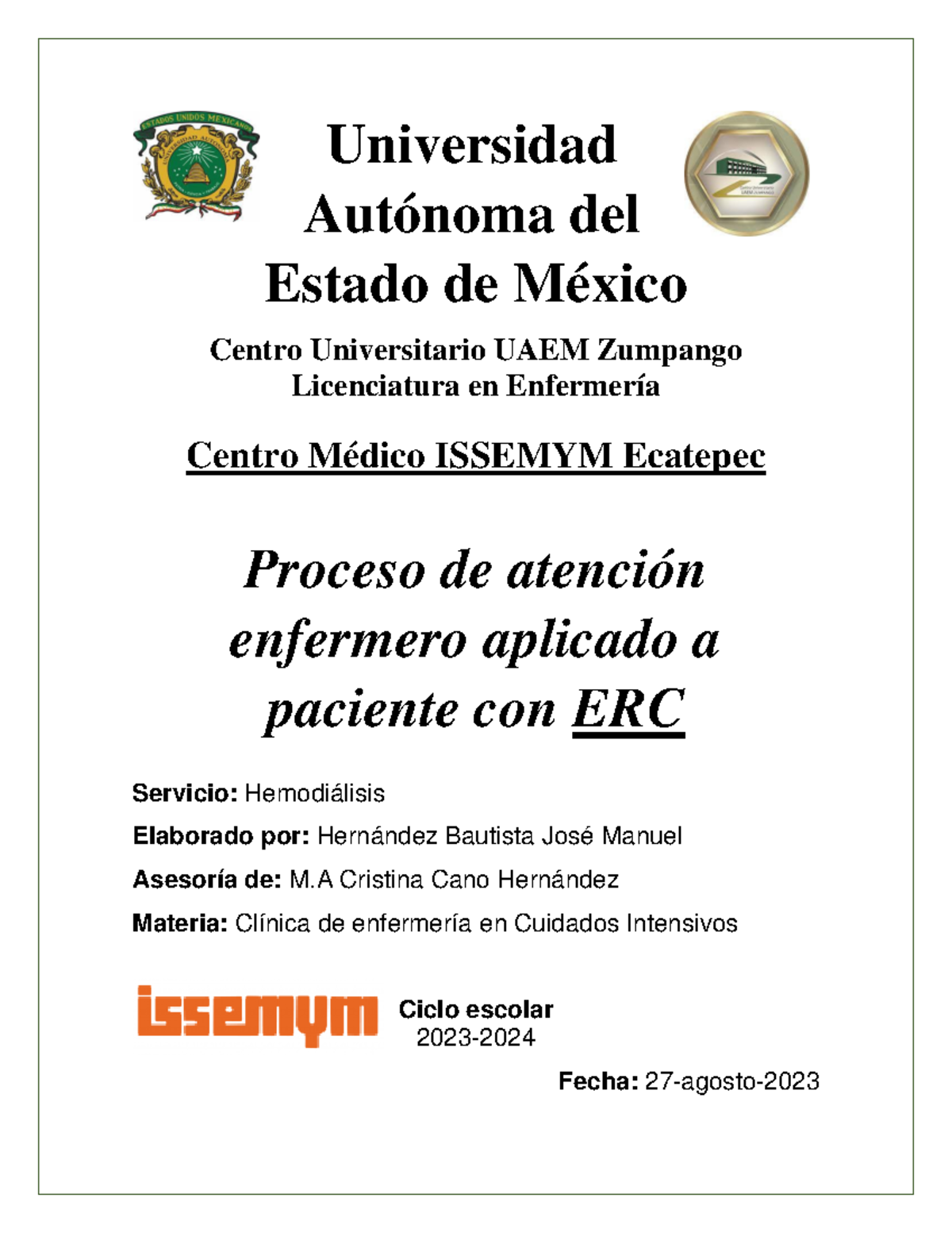 PAE de ERC - PLACE de ERC - Universidad Autónoma del Estado de México Centro Universitario UAEM ...