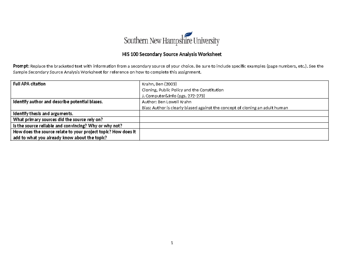 HIS 100 Secondary Source Analysis Worksheet - HIS 100 Secondary Source ...