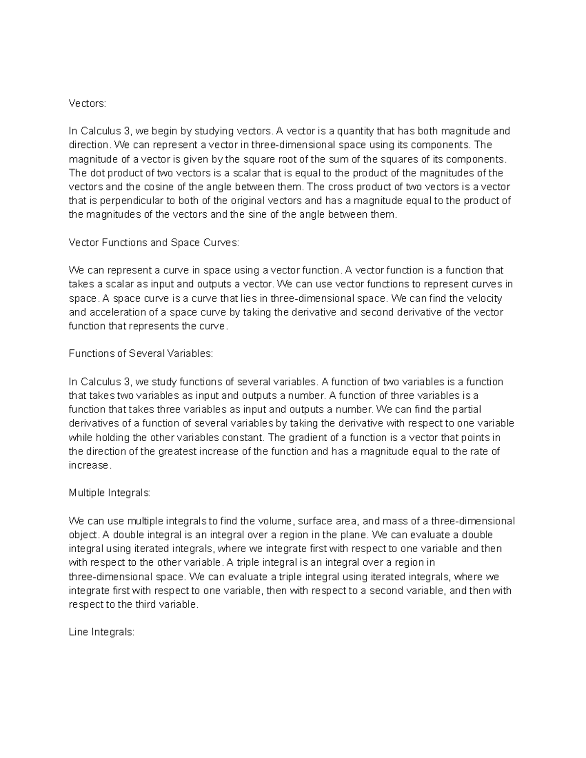 CALC3 Notes PDF - VERY BRIEF SUMMARY - Vectors: In Calculus 3, we begin ...