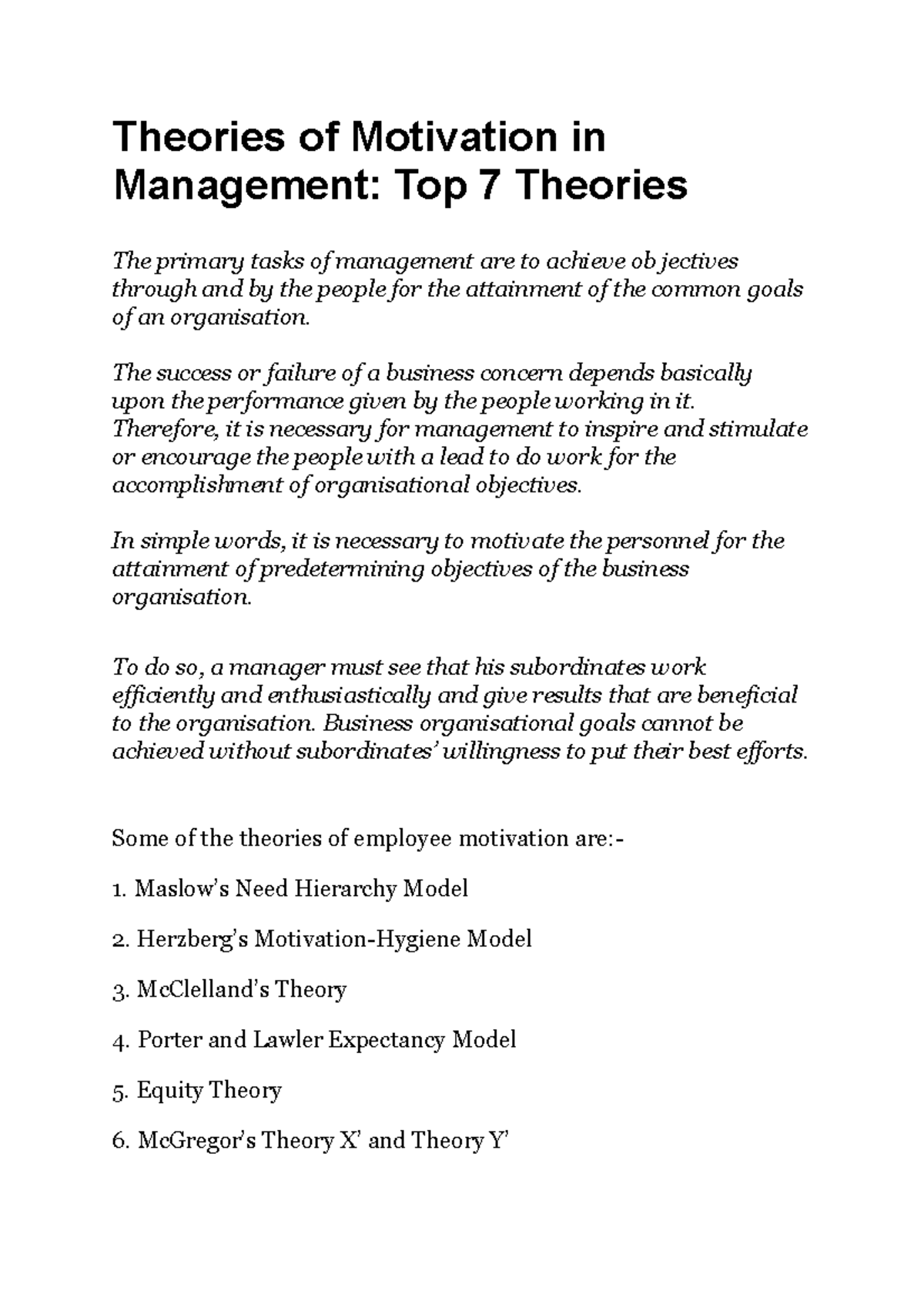 Theories of Motivation in Management - The success or failure of a ...