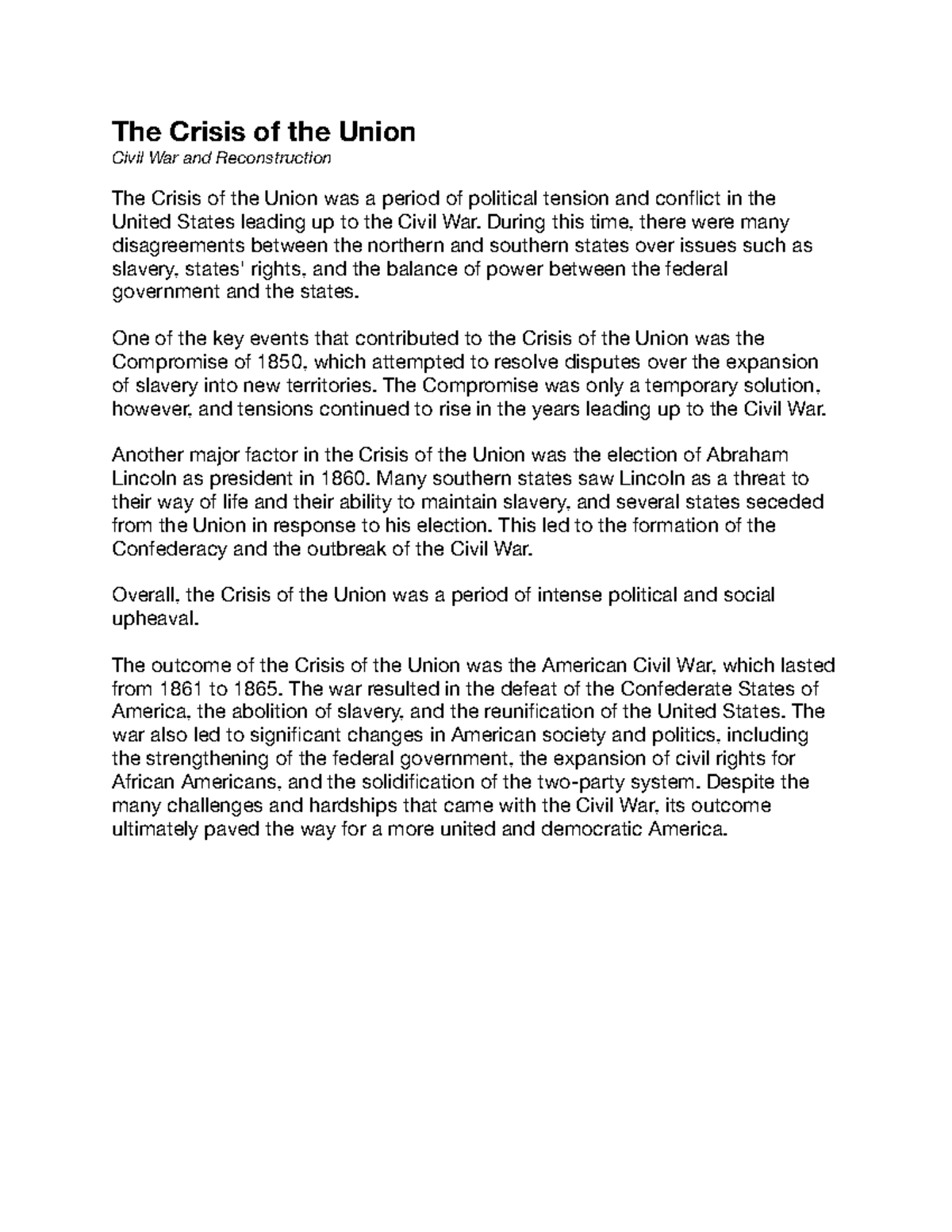 AP US History - This report was about the Crisis of the Union during ...