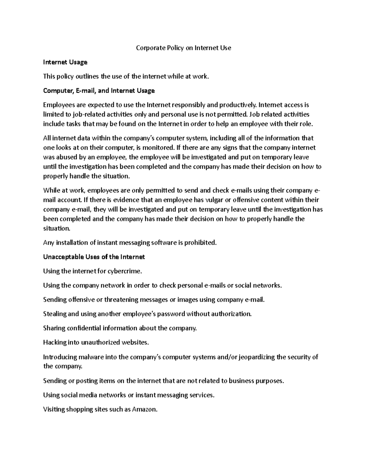 Class Activity 10 - Corporate Policy on Internet Use Internet Usage ...