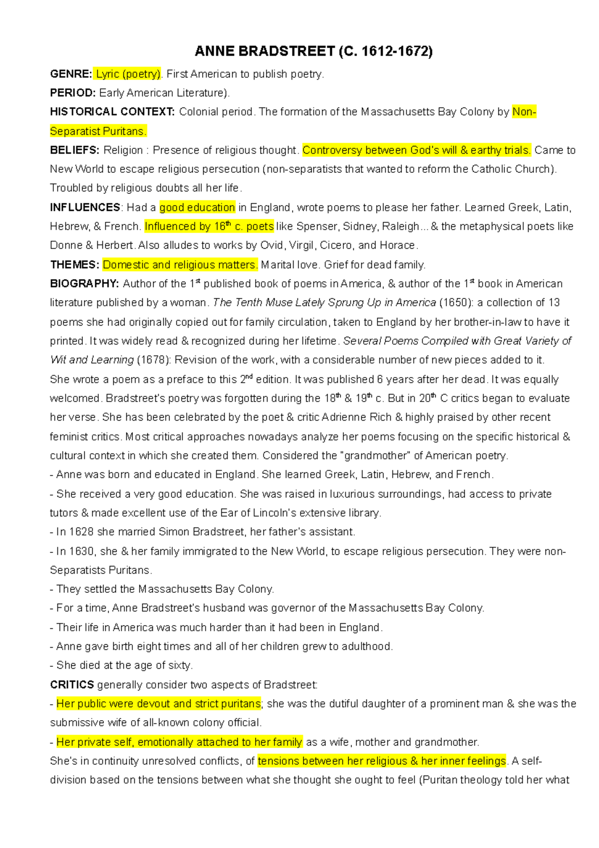 Literatura Norteamericana: Unit 3 Anne Bradstreet - ANNE BRADSTREET (C ...