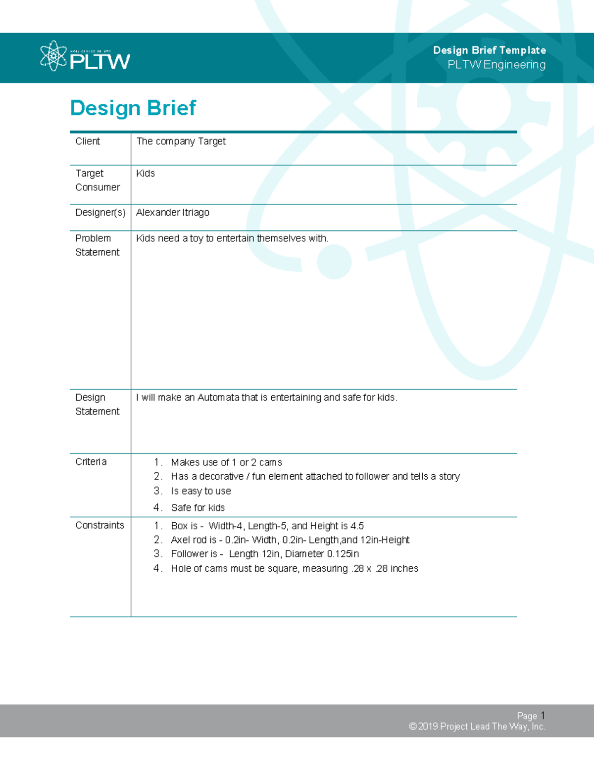 Copy of Design Brief Template - Design Brief Template PLTW Engineering ...