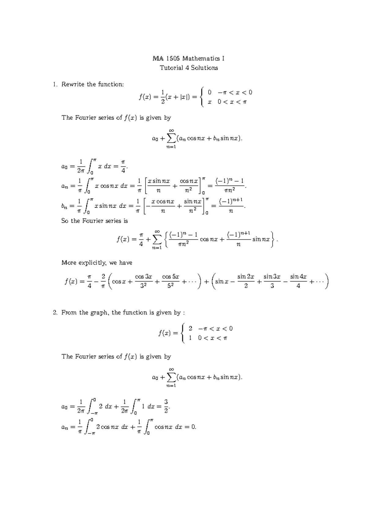 Solution to tutorial 4 - MA1505 Mathematics I Tutorial 4 Solutions ...