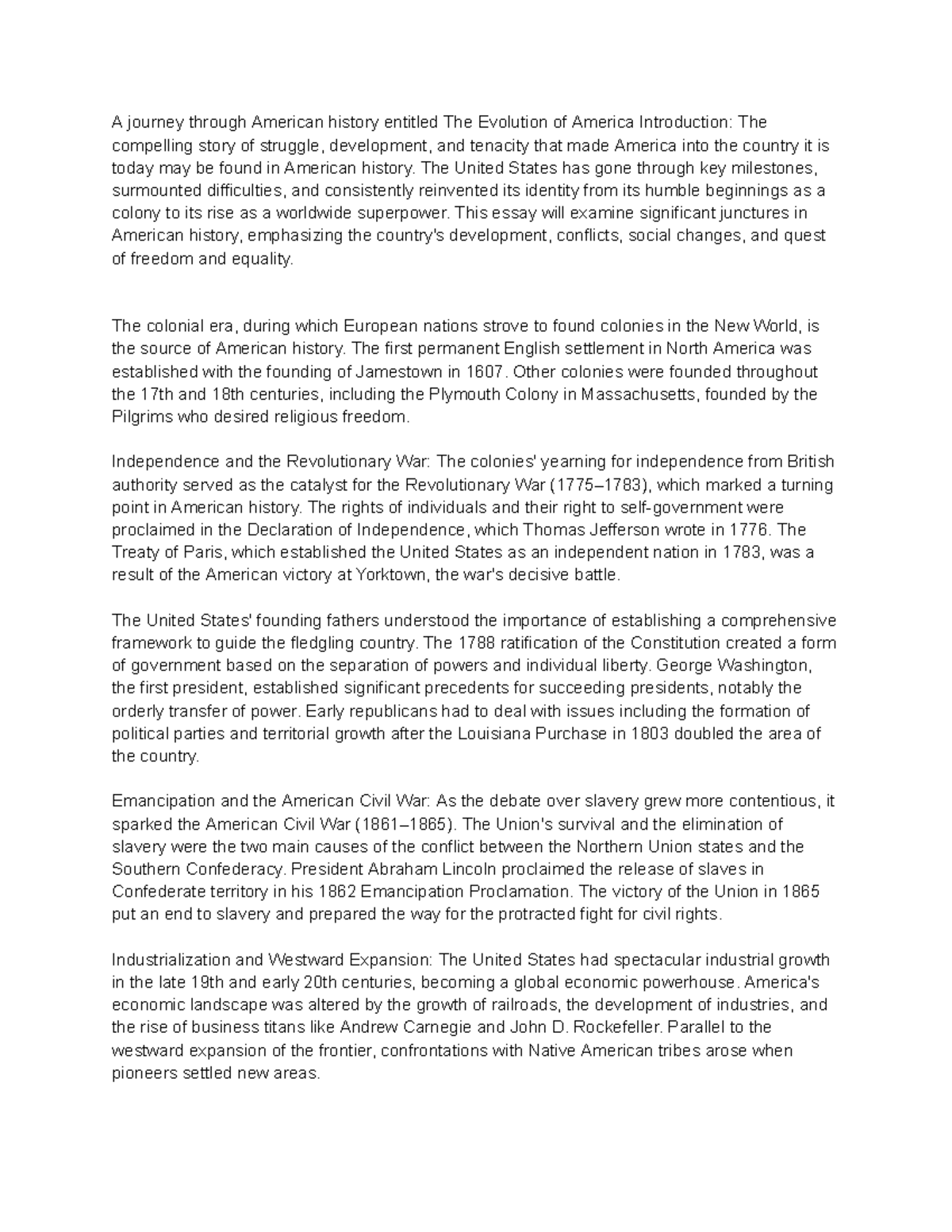 America essay - A journey through American history entitled The ...