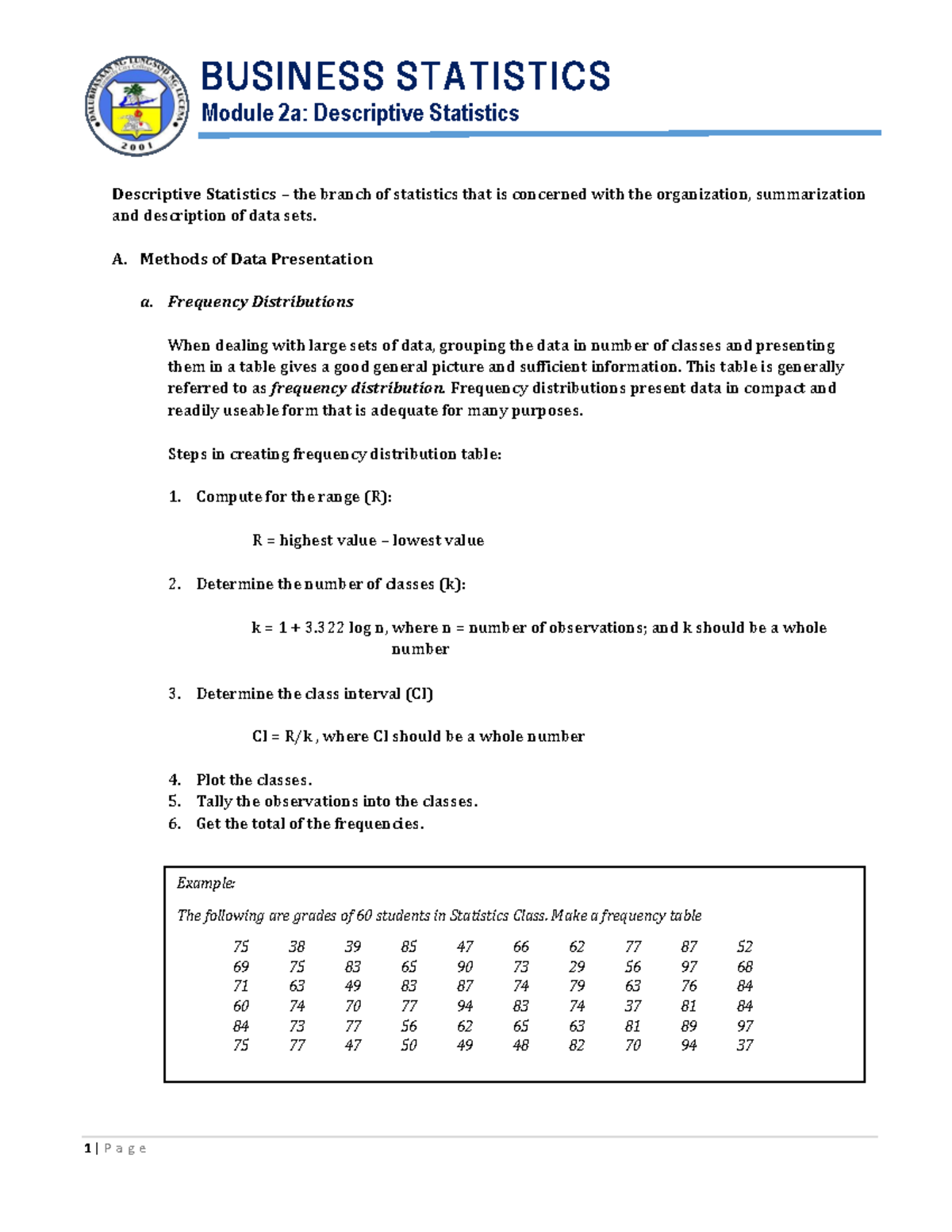 Module-2a Descriptive-Statisctics - BUSINESS STATISTICS Module 2a ...