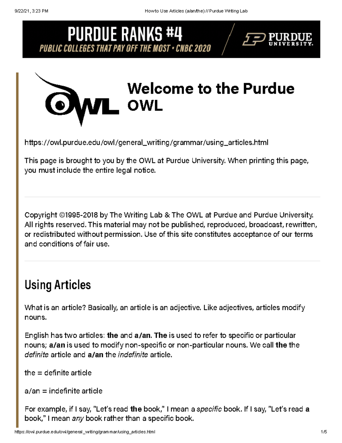 How to Use Articles (a an the) Purdue Writing Lab - English Composition ...