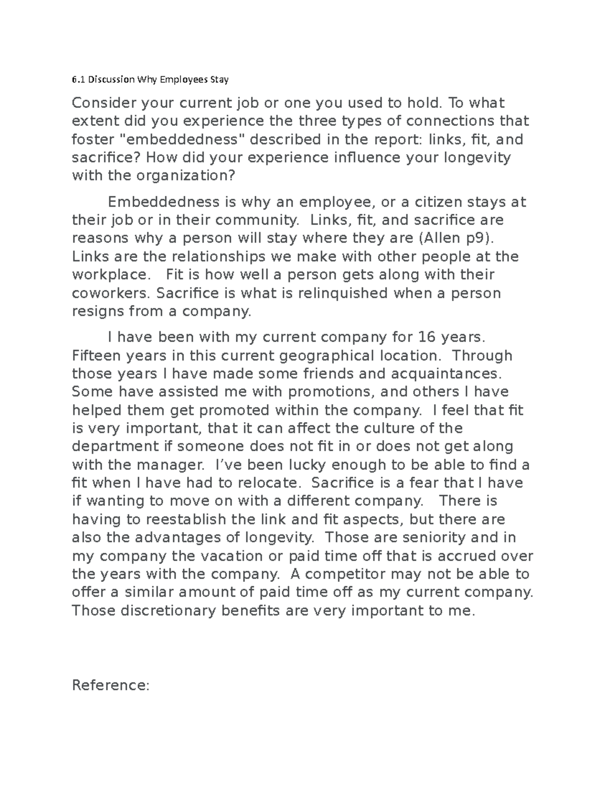 6.1 Why Employees Stay - post - 6 Discussion Why Employees Stay ...