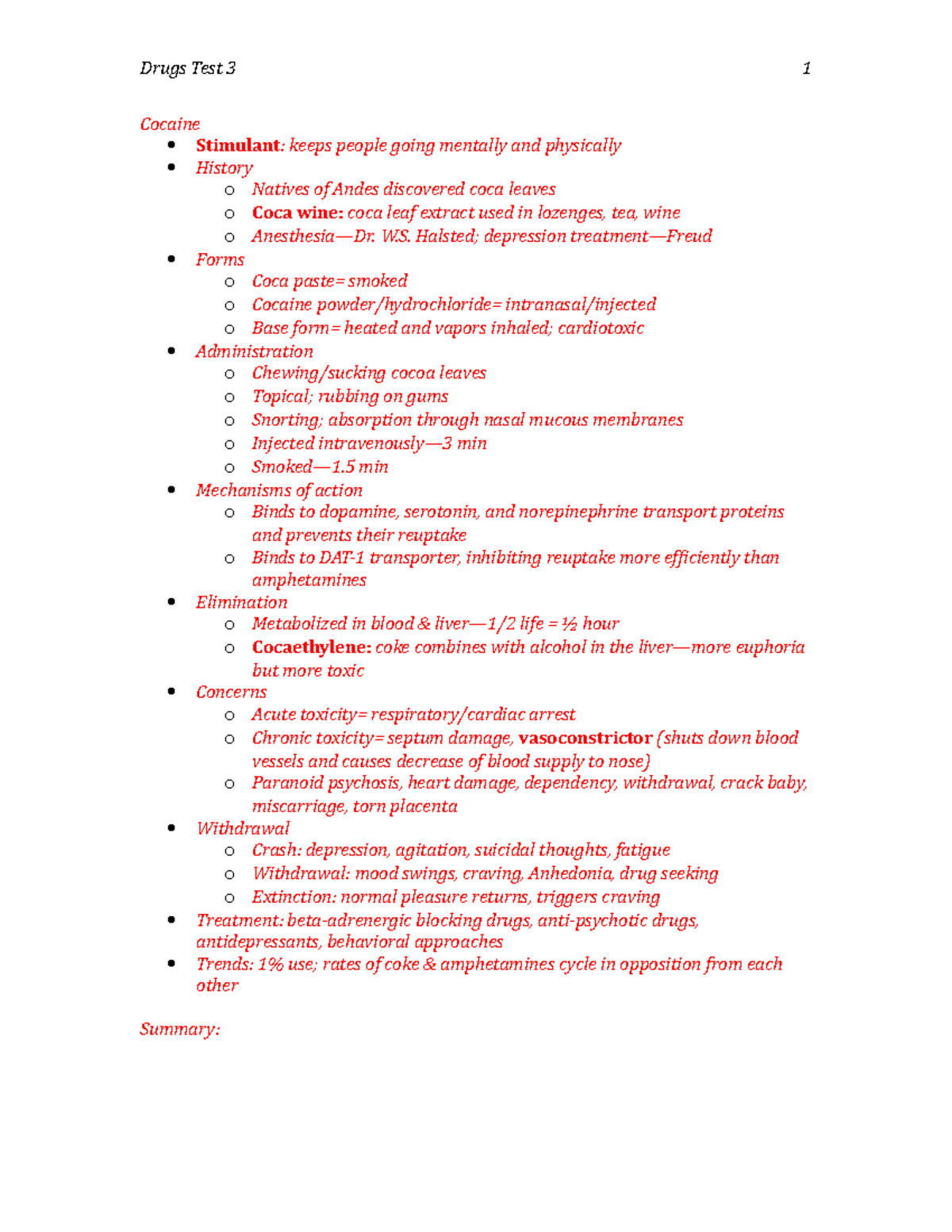 Drugs on Test 3 - Drugs Test 3 1 Cocaine Stimulant: keeps people going ...