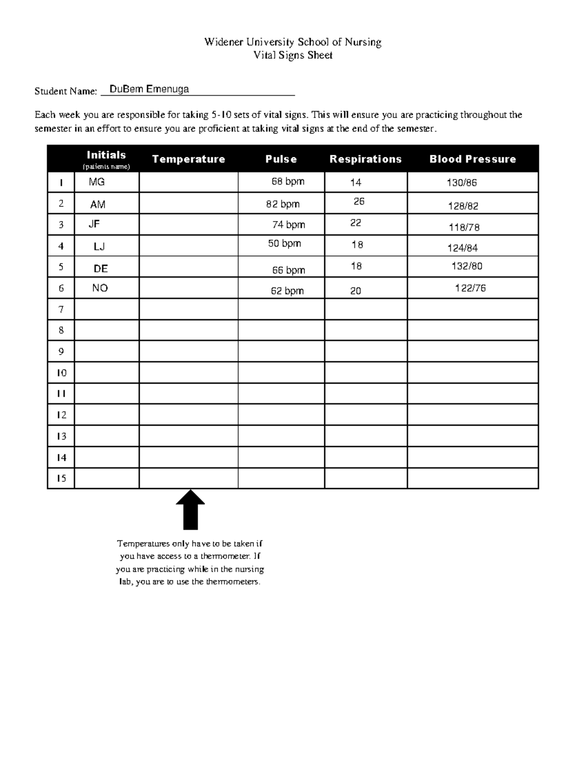 Vital Signs Sheet - Widener University School of Nursing Vital Signs ...