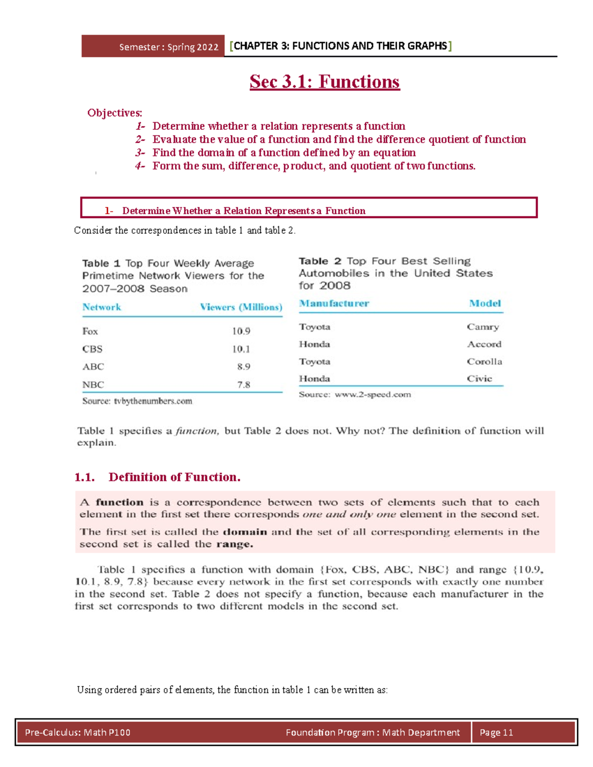 Sec 3.1 Sp22 - Sec 3: Functions Objectives: 1- Determine whether a ...
