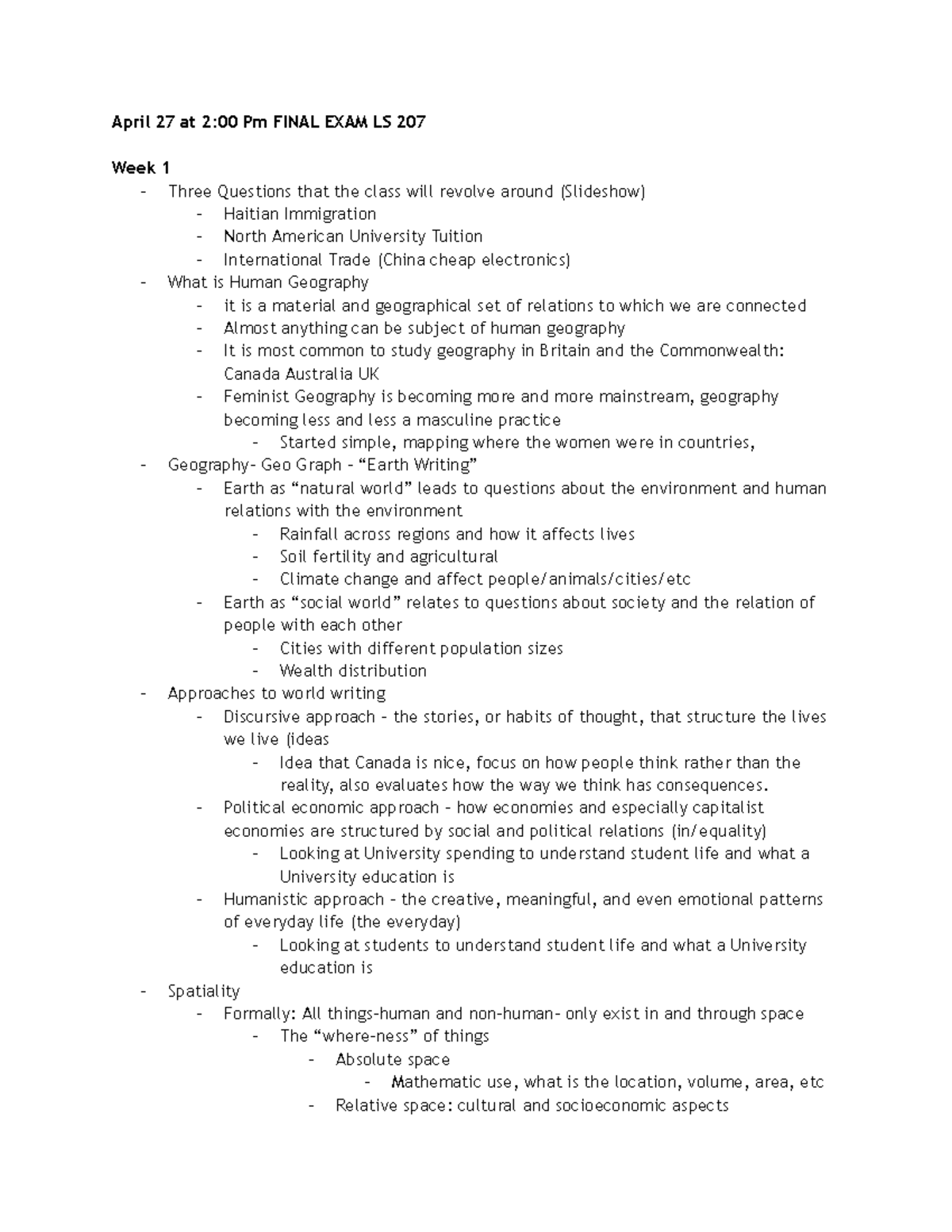 GEOG 210 Notes - April 27 at 2:00 Pm FINAL EXAM LS 207 Week 1 - Three ...