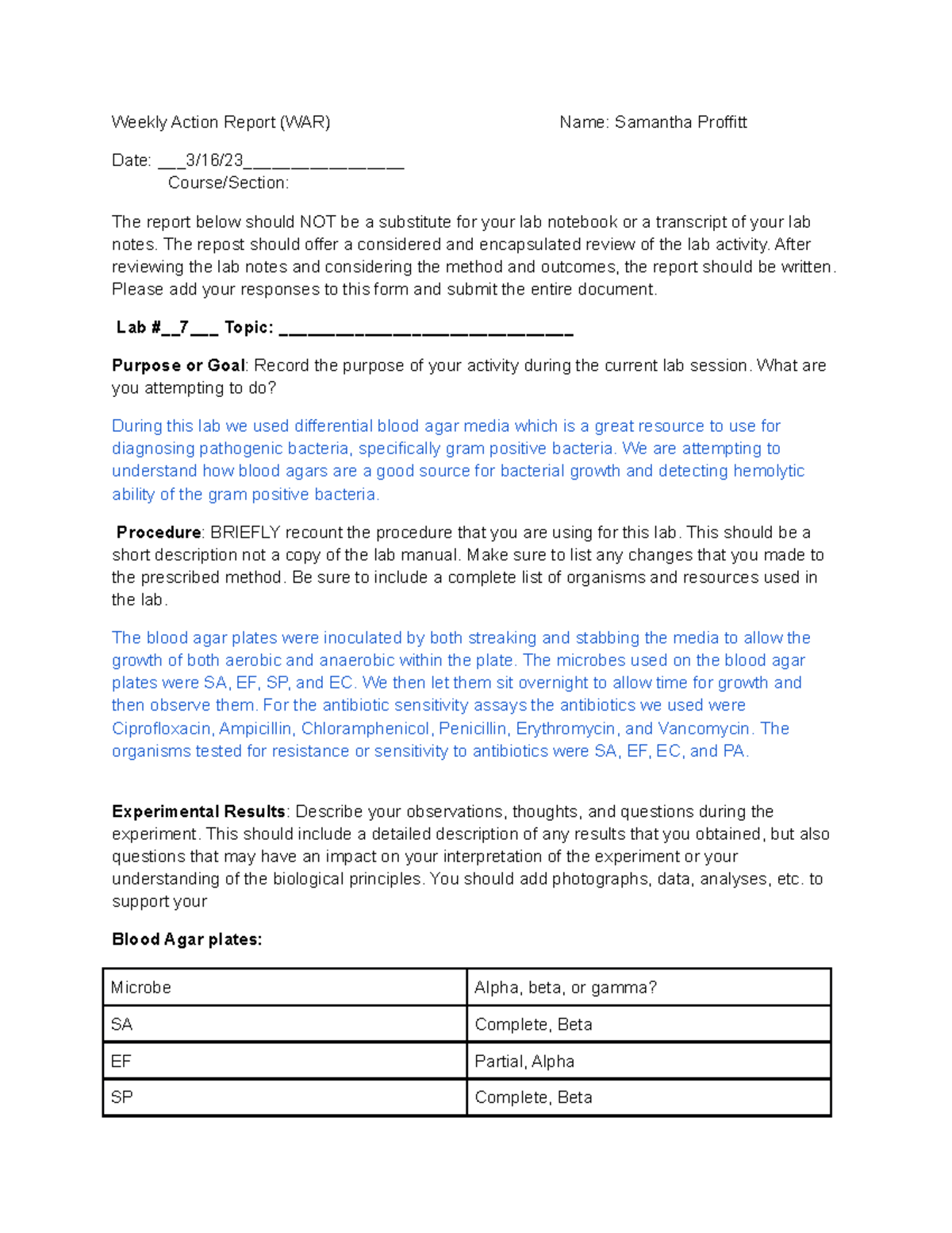 WAR 7 - microbiology - Weekly Action Report (WAR) Name: Samantha ...