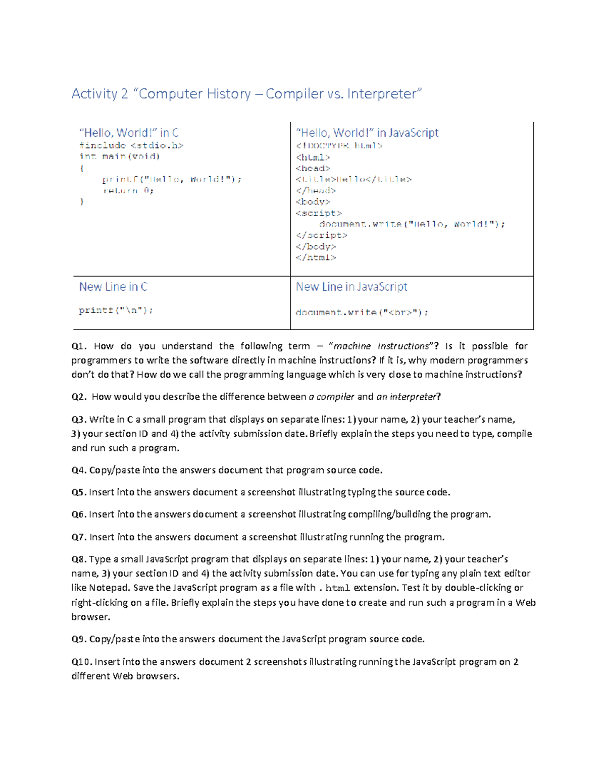 Activity 2 Compilers Interpreters - Activity 2 “Computer History – Compiler vs. Interpreter” Q1 ...