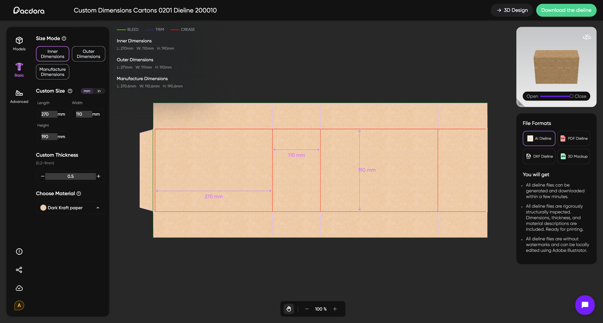 Custom Dimensions Cartons 0201 Dieline - 270 mm 190 mm 110 mm Open ...