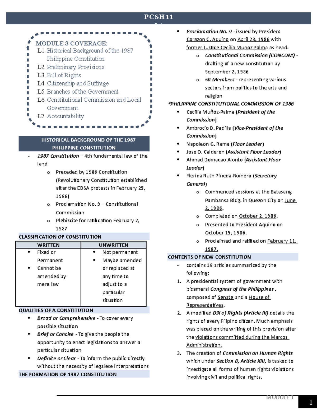 Module 3 Constitution of the Philippines - MODULE 1 HISTORICAL BACKGROUND OF THE 1987 PHILIPPINE ...