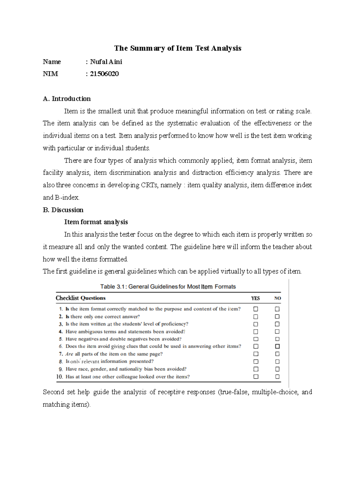 The Summary of Item test analysis - The Summary of Item Test Analysis ...